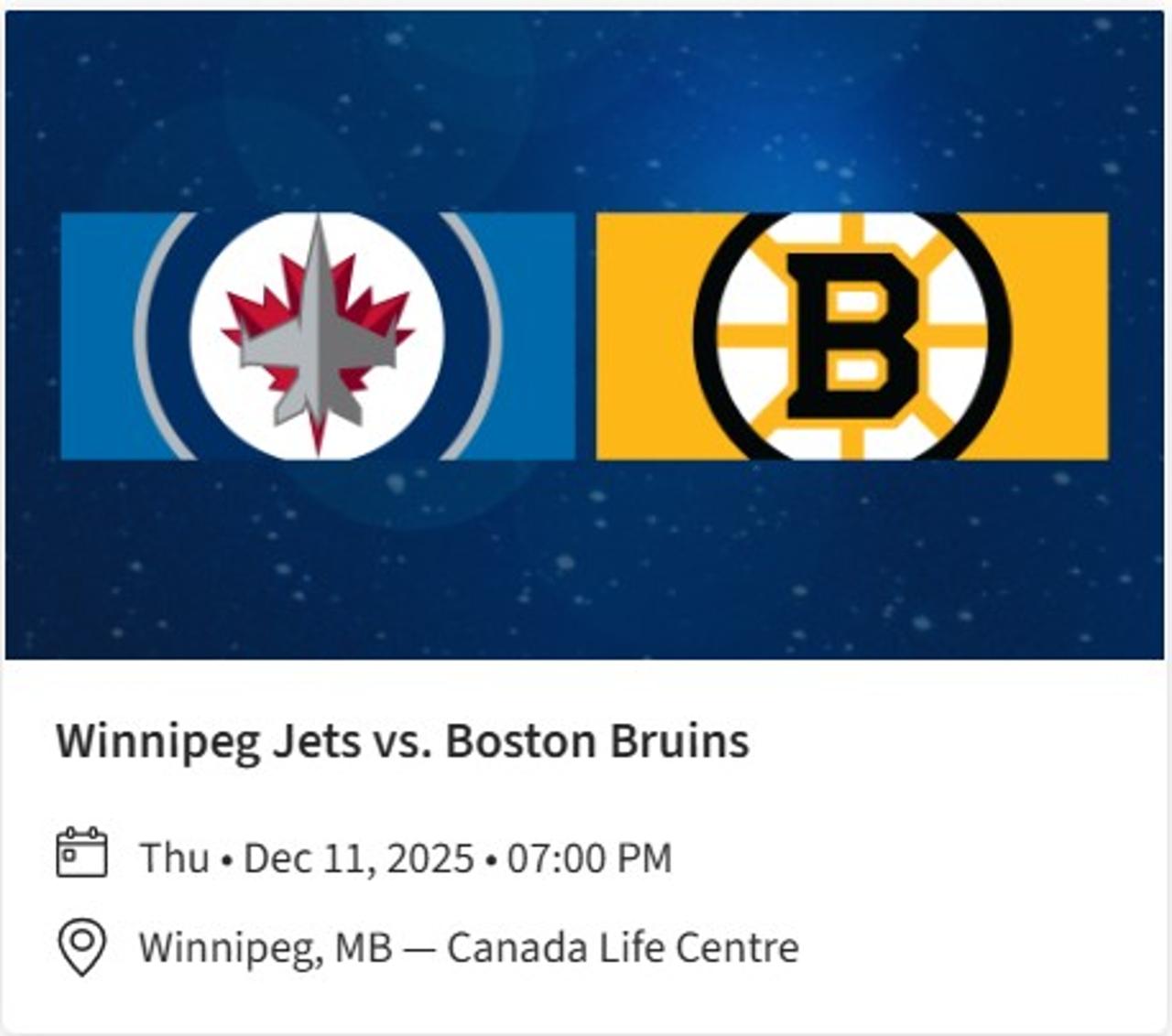 Four (4) Winnipeg Jets vs. Boston Bruins Tickets | Powered by Givergy